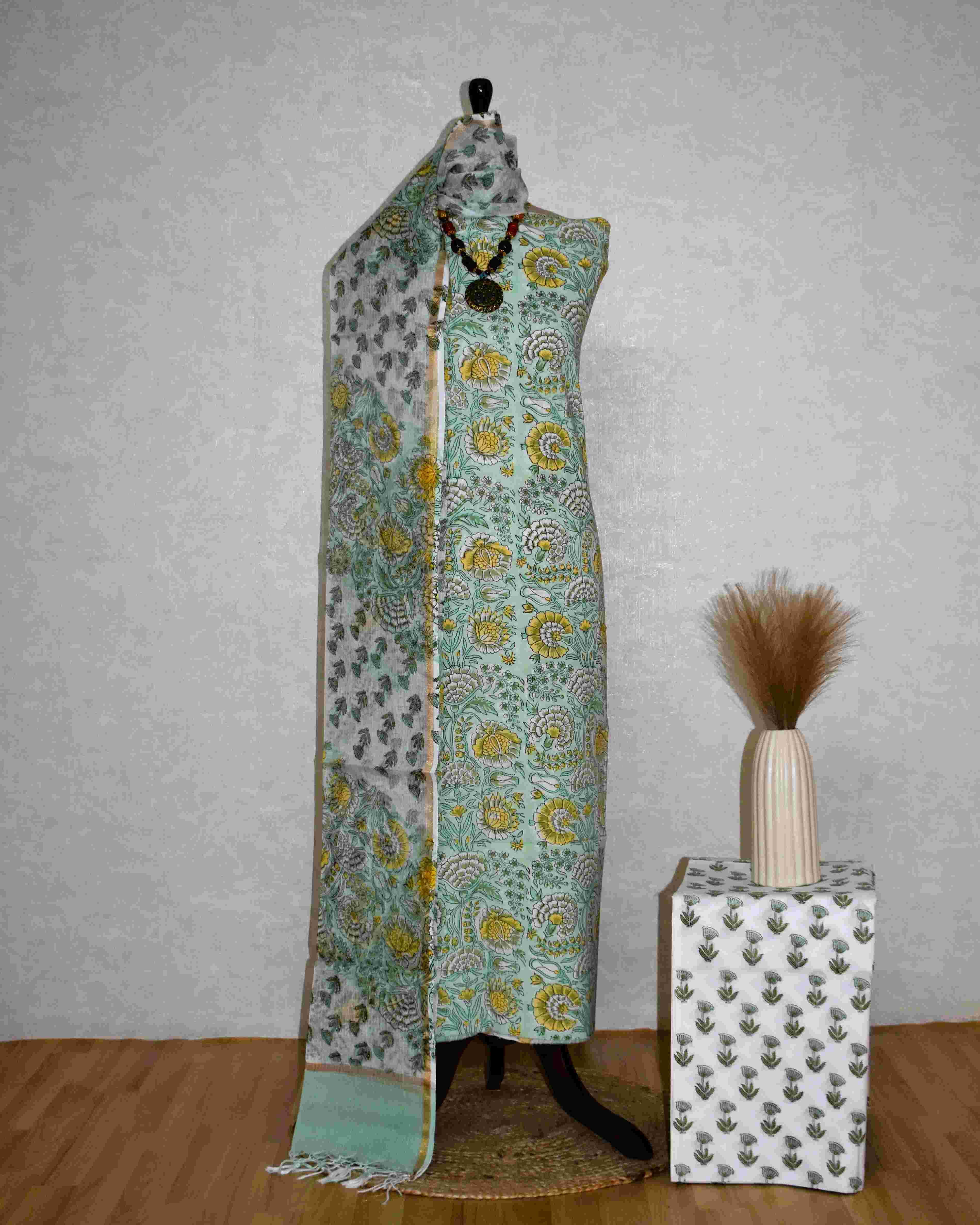 Botanical Jaal in Light Mint Green Hand Block Printed Cotton Suit With ...